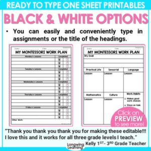 Montessori Work Plan Templates One Sheet Elementary Workplan Weekly ...