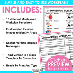 Montessori Work Plan Templates One Sheet Elementary Workplan Weekly ...